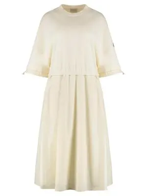 Moncler Cotton Dress With Logo Detail And Elastic Waistband - Panna