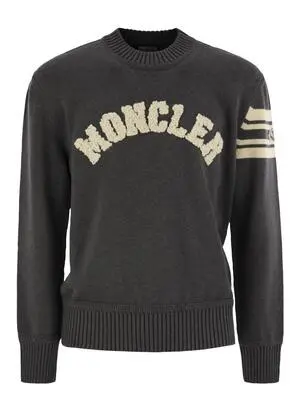 Moncler Logo-embroidered Striped Sleeve Crew Neck Sweater - Grey