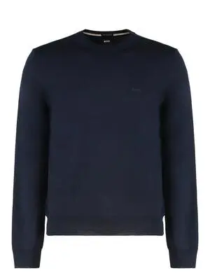BOSS Classic Virgin Wool Sweater With Embroidery - Blue