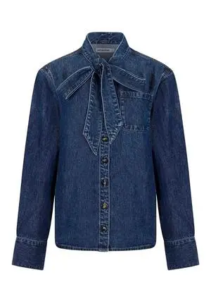 SELF-PORTRAIT Tie Neck Denim Shirt - Multicolor