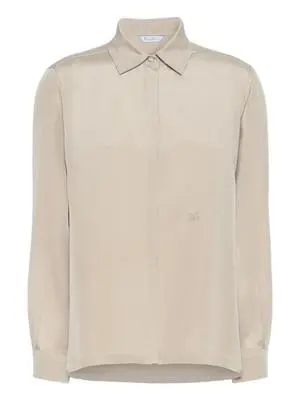 Max Mara Silk Crepe De Chine Shirt With Embroidered Logo - Stone
