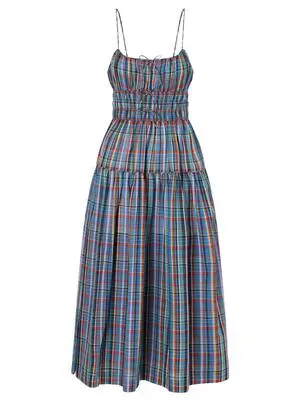 DÔEN Brielle Gathered Checked Organic Cotton Midi Dress - Blue