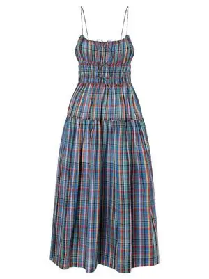 DÔEN Brielle Gathered Checked Organic Cotton Midi Dress - Blue