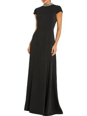 Mac Duggal Cap Sleeve Gown With Embellished Mock Neckline - Black