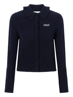 Chloé Logo Embroidered Wool Cardigan With Crocheted Collar - Blue