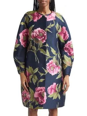 Carolina Herrera Peony Jacquard Cocoon Coat - Midnight Multi