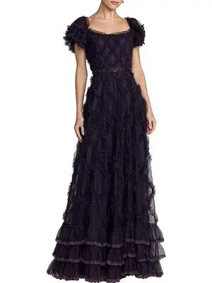 Mac Duggal Mesh Short Sleeve Scoop Neck Ruffle Gown - Midnight