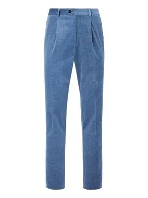 Brunello Cucinelli Straight-leg Pleated Cotton-velvet Suit Trousers - Blue