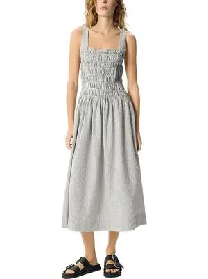 Whistles Seersucker Ruched Bodice Midi Dress - White Multi
