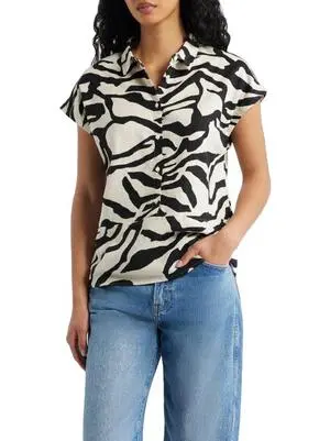 ICHI Animal Print Linen Blend Blouse - Black Multi