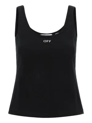 Off-White Ribbed Cotton Tank Top With Embroidered Logo - Black