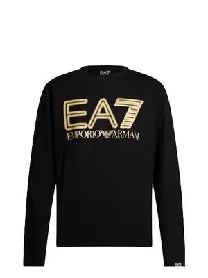 EA7 Cotton Elastane Long Sleeve T-shirt With Logo Print - Black
