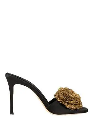 SERENA UZIYEL Satin Floral Appliqué Stiletto Heeled Sandals - Black