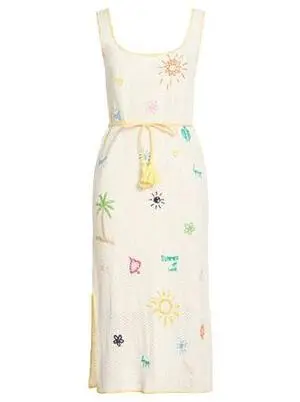 ARIZONA LOVE Multicolor Embroidered Crochet Knit Midi Dress - White