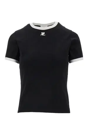 COURREGES Cotton Short Sleeve T-shirt With Embroidered Logo - Black