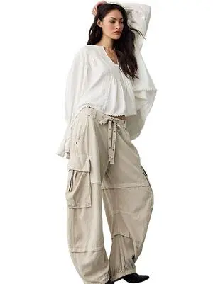 Free People We The Free Reef Curved Linen Cargo Pants - Birch