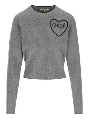 Chloé Chloé Logo Heart Intarsia Knit Sweater Gray