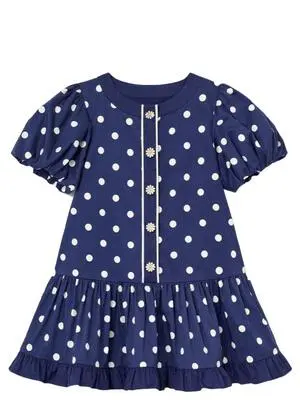 SELF-PORTRAIT Navy Polka Dot Cotton Printed Dress - Blue