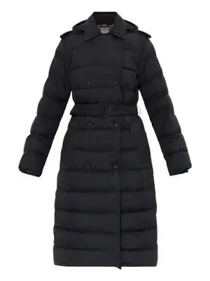 Burberry Double Breasted Belted Quilted Down Coat With Hood - Black