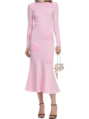 SELF-PORTRAIT Floral Applique Knit Midi Dress - Pink