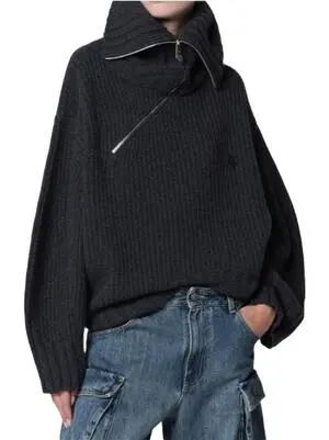 Attico Asymmetrical Zipped Knitted Jumper - Gray