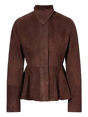Alaïa Stand Collar Peplum Suede Jacket - Chocolat