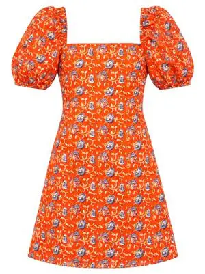 MIND TRAVELER Bruna Lily Dress Short Floral Print Dress With Puff Sleeves And Open Back - Red