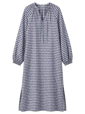 MIND TRAVELER Navy Gingham Maxi Dress With Puffed Sleeves And Tie Neck - Blue