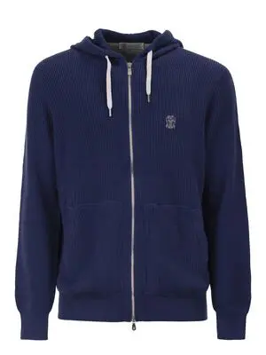Brunello Cucinelli BRUNELLO CUCINELLI Ribbed Cotton Knit Zip-Up Hooded Sweatshirt Multicolor