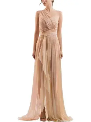 IMROSKA Pleated One-shoulder Top And Flowing Maxi Skirt Set - Neutrals