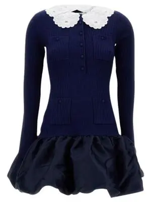 SELF-PORTRAIT Puffed Skirt Mini Dress With Button Front Fastening - Navy