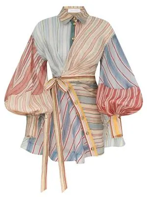 Zimmermann Rebellion Striped Linen Silk Mini Dress With Puff Sleeves - Multicolor