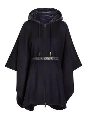 Moncler Belted Hooded Cape Coat - Navy