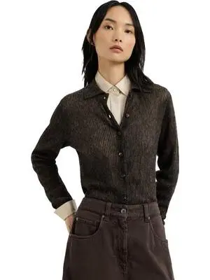 Brunello Cucinelli Ribbed Knit Cardigan With Metallic Accents - Anthracite