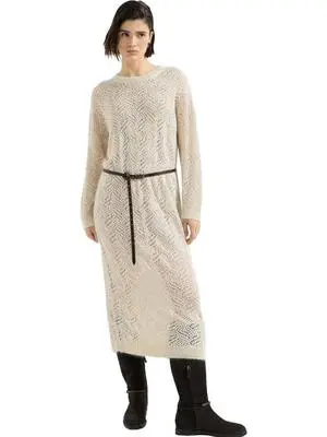 Brunello Cucinelli Mohair And Wool Abstract Leaf Knit Maxi Dress - Cream