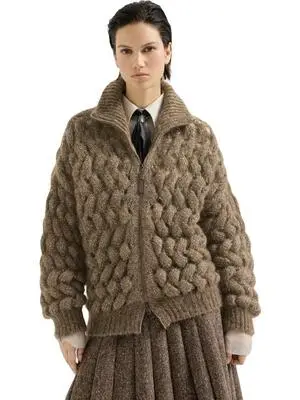 Brunello Cucinelli Mohair And Wool Dazzling Zigzag Cables Cardigan - Bark
