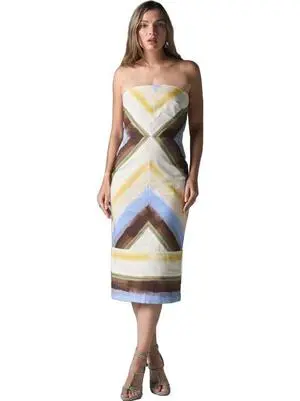 JBQ Audrey Strapless Fitted Midi Dress With Slit - Blue Multi