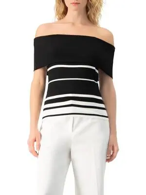IVONNE Bardot Stripe Knit Top - Black