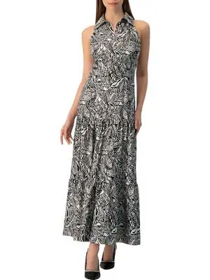 IVONNE IVONNE Abstract Graphic Print Halterneck Fitted Maxi Dress