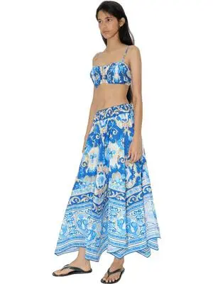 H&m Drawstring-detail Maxi Poplin Skirt - Blue/patterned