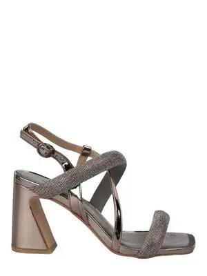 ALMA EN PENA Embellished Block Heel Sandals With Rhinestone Straps - Metallic Silver