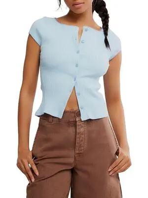 Free People Short Sleeve Cotton Blend Cardigan - 77 Blue
