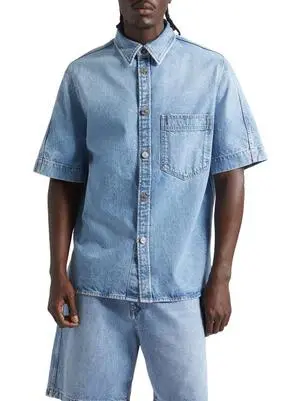 Givenchy Couture Seam Short Sleeve Denim Button-up Shirt - Light Blue