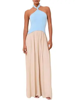 Solid & Striped Halterneck Maxi Dress With Flared Skirt - Seabreeze Dune