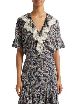 Veronica Beard Pamelis Paisley Ruffle Lace Trim Top - Navy Multi