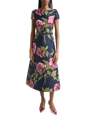 Carolina Herrera Peony Jacquard Belted Midi Dress - Midnight Multi