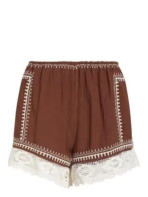 The Great. Sparrow Shorts With Embroidery And Lace Trim - Chocolate