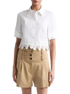 Monse Cropped Stretch Cotton Shirt With Cherry Lace Hem - White