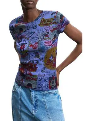 Desigual Mickey Mouse Print Ribbed T-shirt - Light Gray