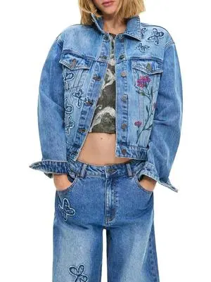 Desigual Embroidered Detail Denim Trucker Jacket - Medium Blue